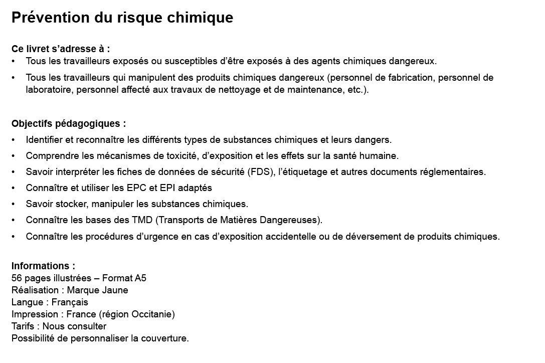 Le livret sur la prévention du risque chimique en entreprises